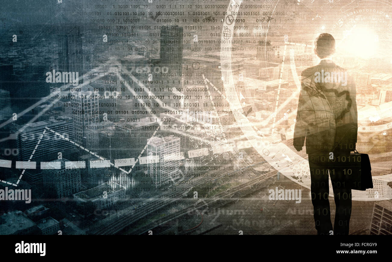 Back view of businessman and graphs at background Stock Photo - Alamy