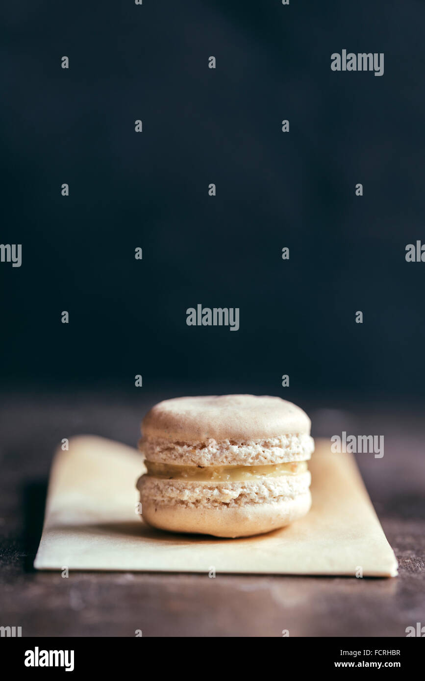 Single white macaroon cookie on dark background with blank spae ...
