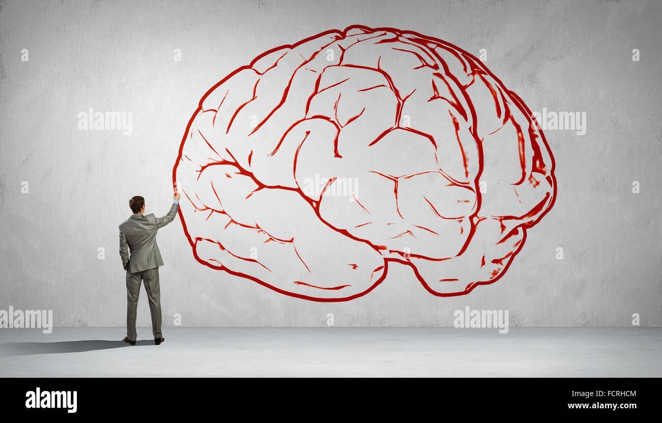 Back view of businessman drawing human brain on wall Stock Photo - Alamy