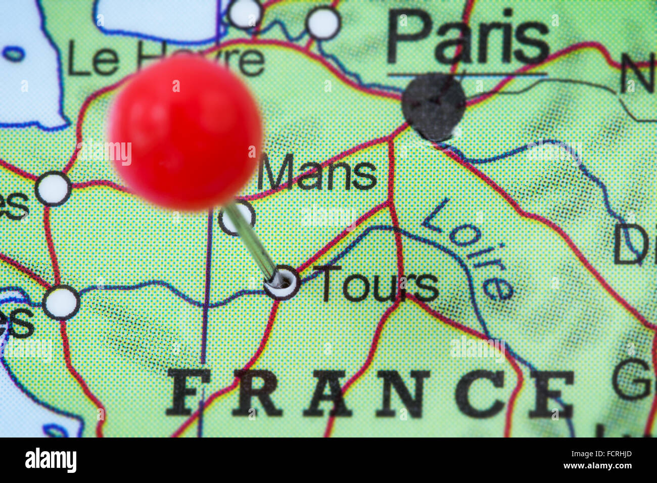 Close-up of a red pushpin in a map of Tours, France Stock Photo - Alamy