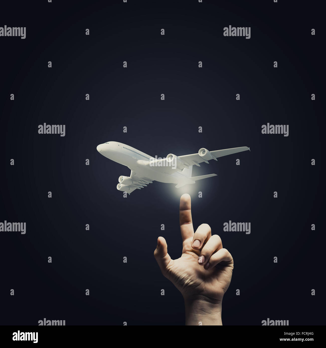 Human hand pressing with finger touch screen airplane button Stock ...