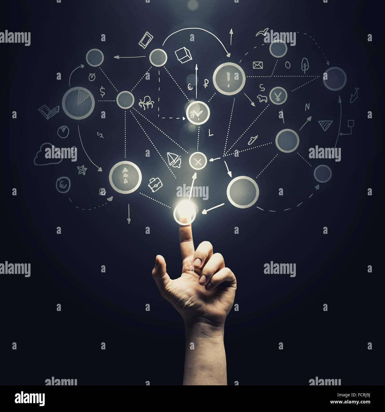 Human hand pressing icon of media screen with connection lines Stock ...