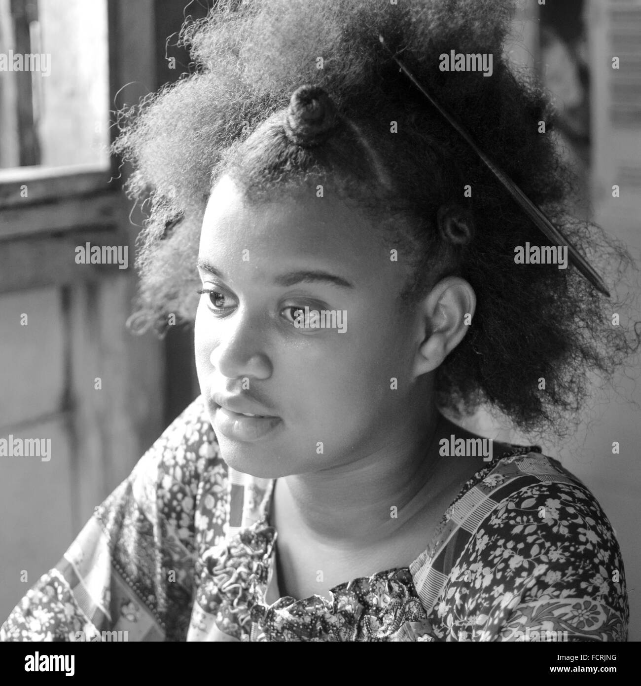 Pearl Lagoon, Nicaragua - July 16, 2015: Beautiful Creole girl has her ...