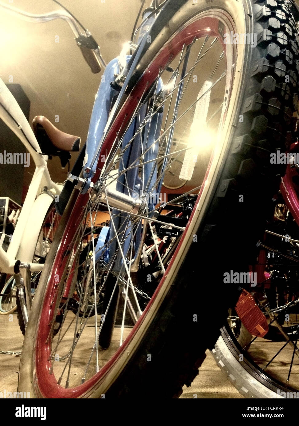 Vintage cycles retailer with bikes on display. Low angle Stock Photo ...