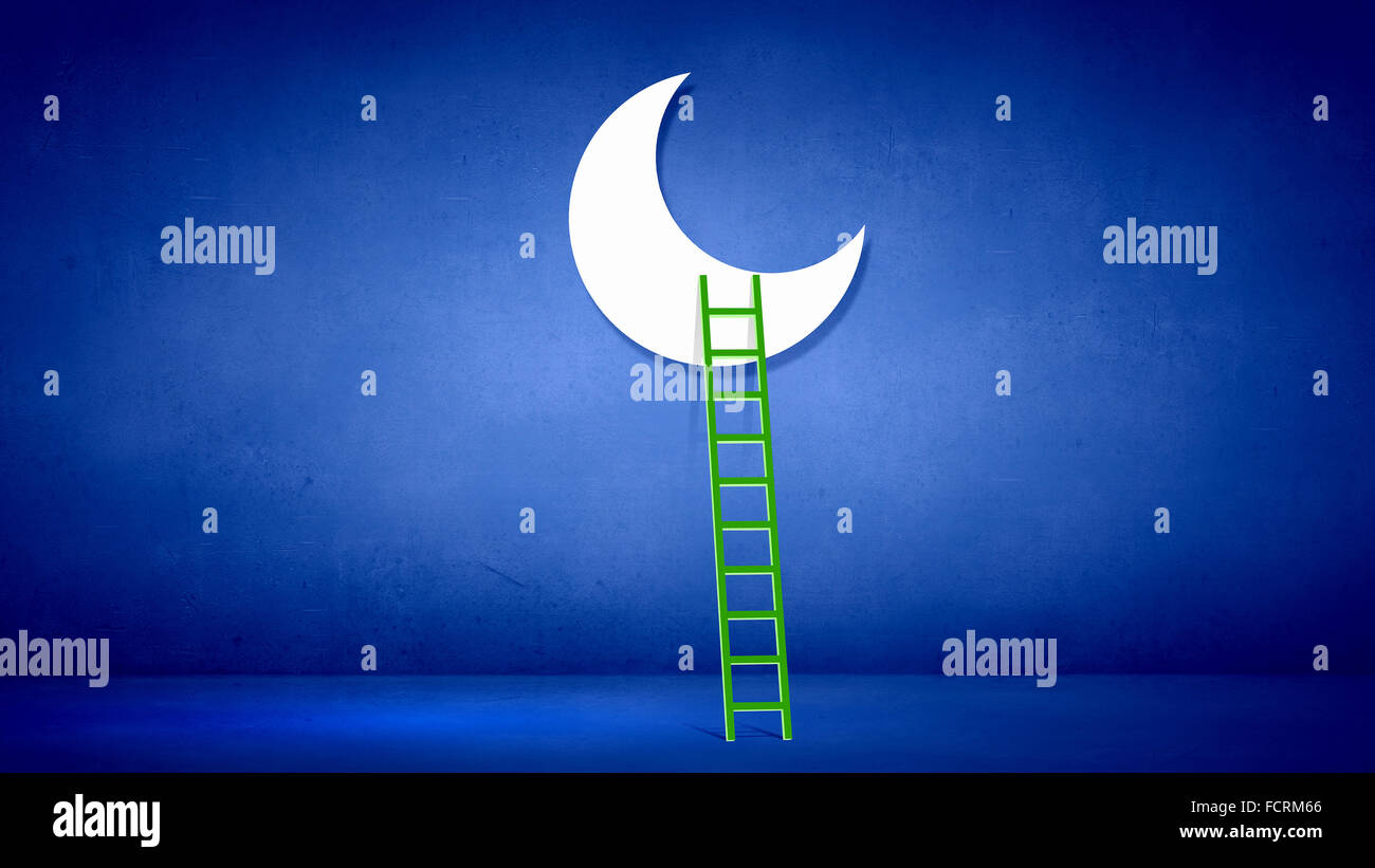 Conceptual image with ladder to moon on blue background Stock Photo - Alamy