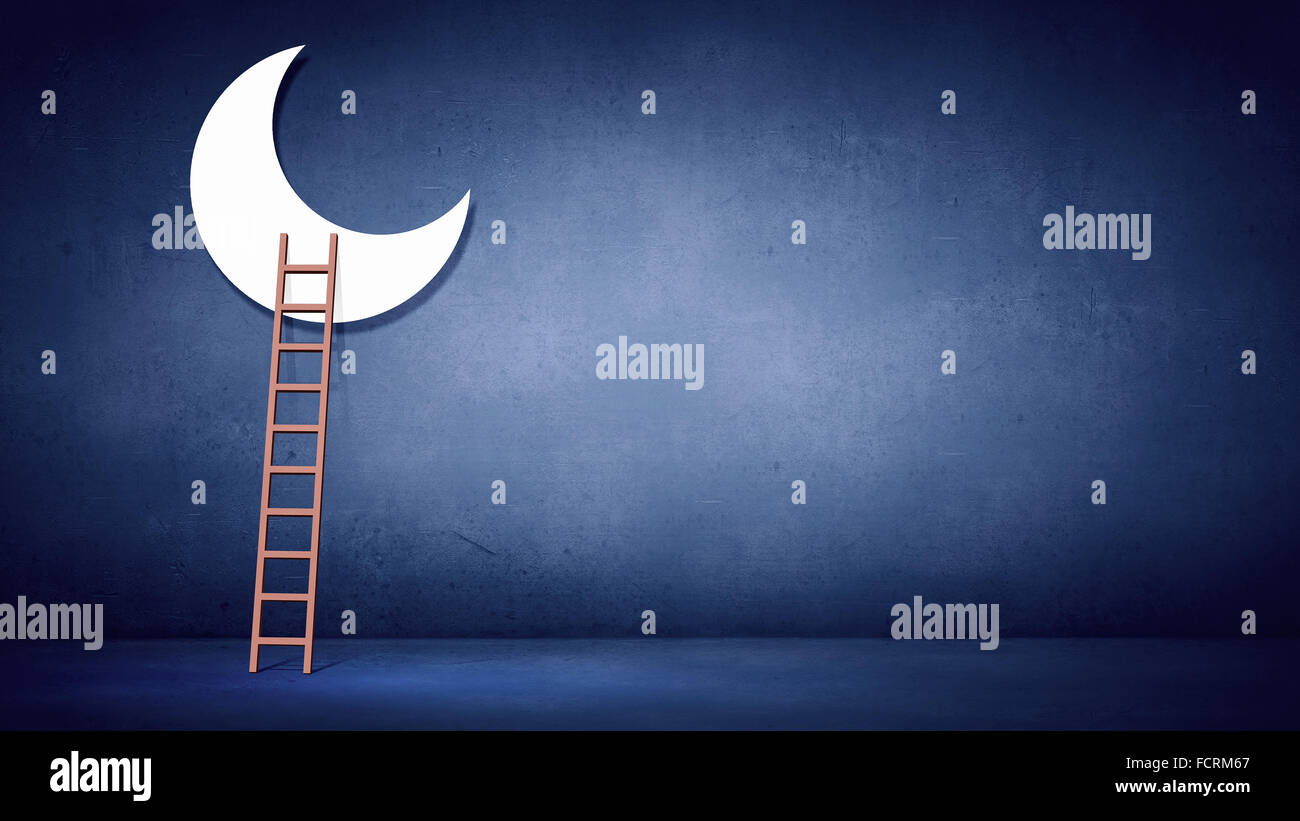 Conceptual image with ladder to moon on blue background Stock Photo - Alamy