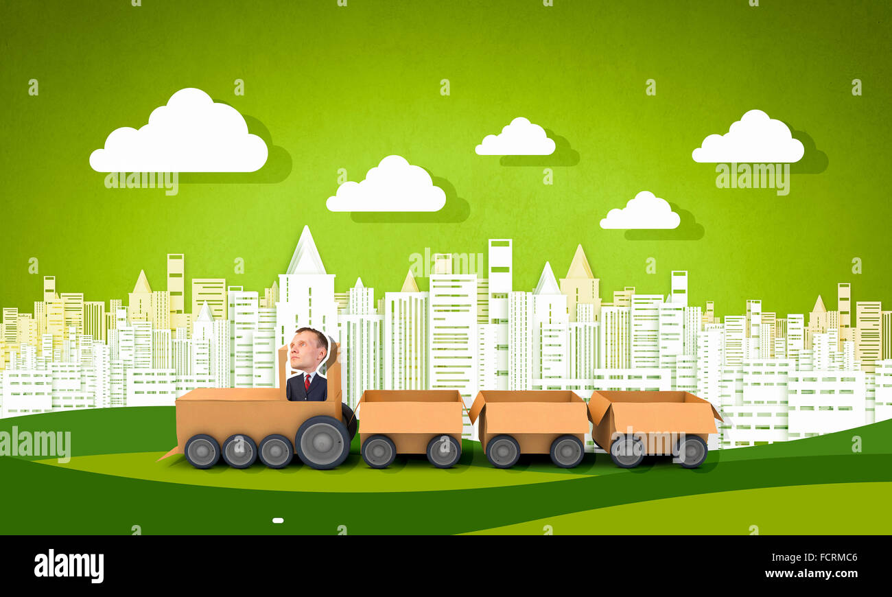 Funny cartoon image of businessman riding carton box Stock Photo - Alamy