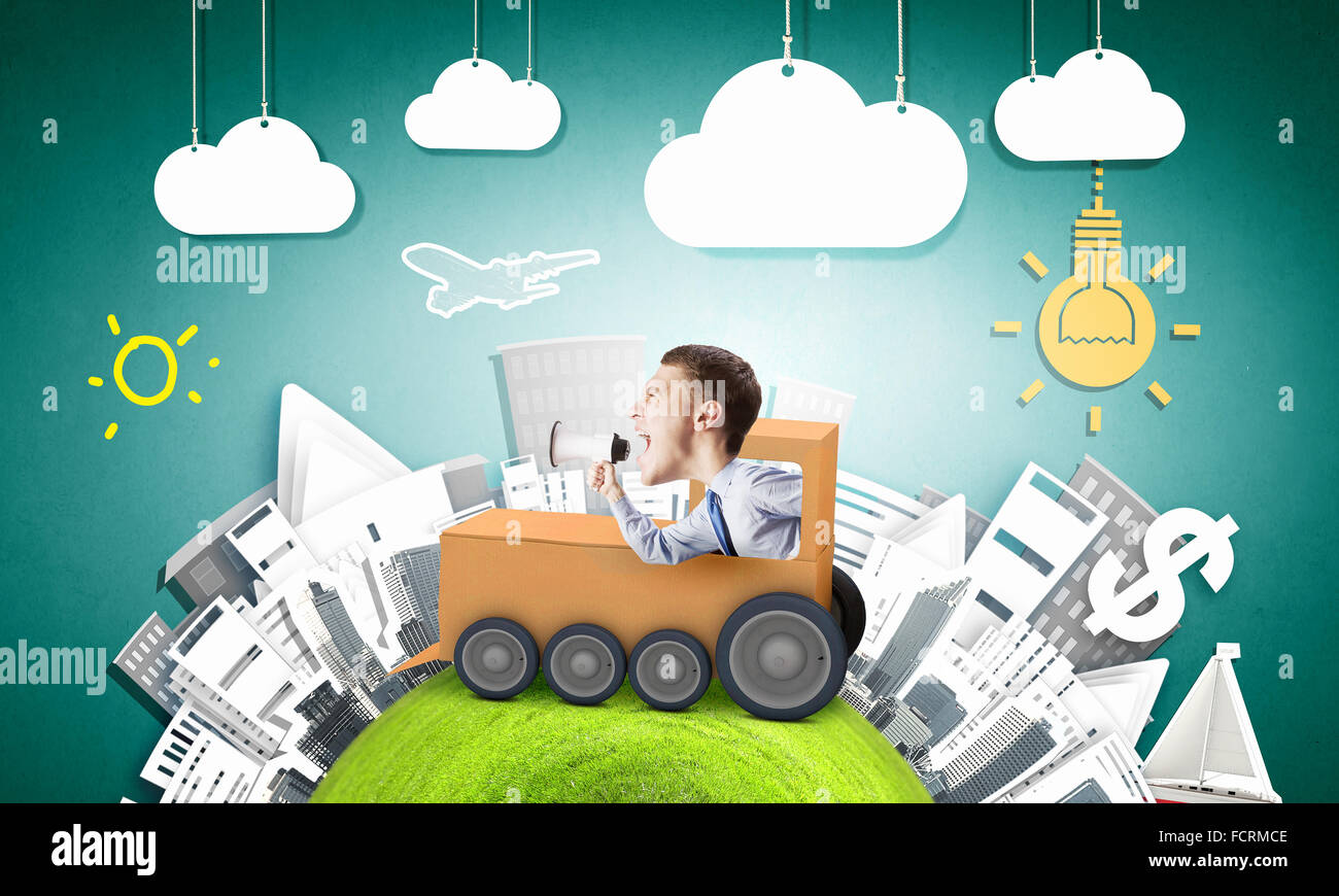 Funny cartoon image of businessman riding carton box Stock Photo - Alamy