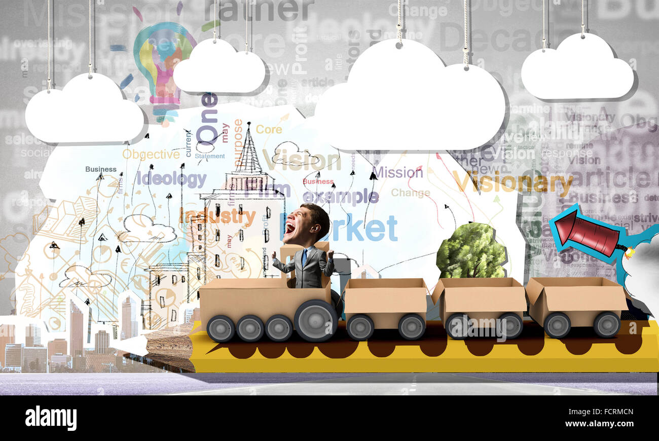 Funny cartoon image of businessman riding carton box Stock Photo - Alamy