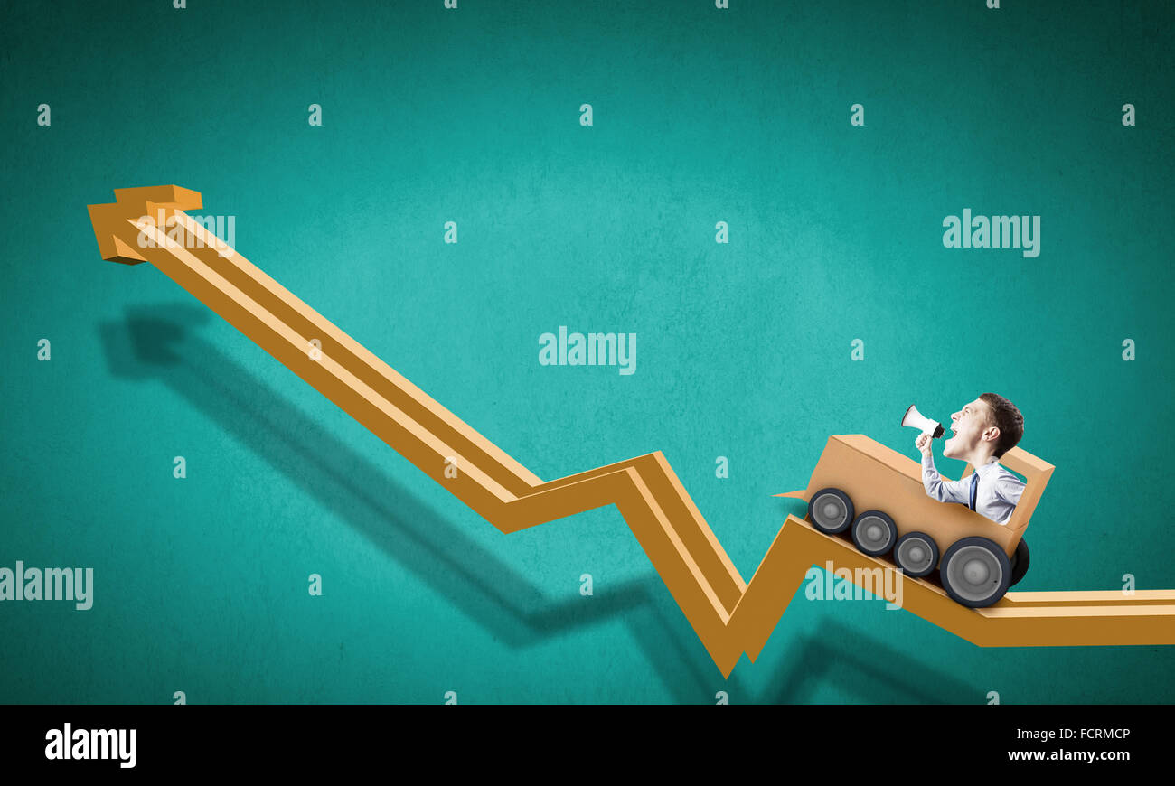 Funny cartoon image of businessman riding carton box Stock Photo - Alamy