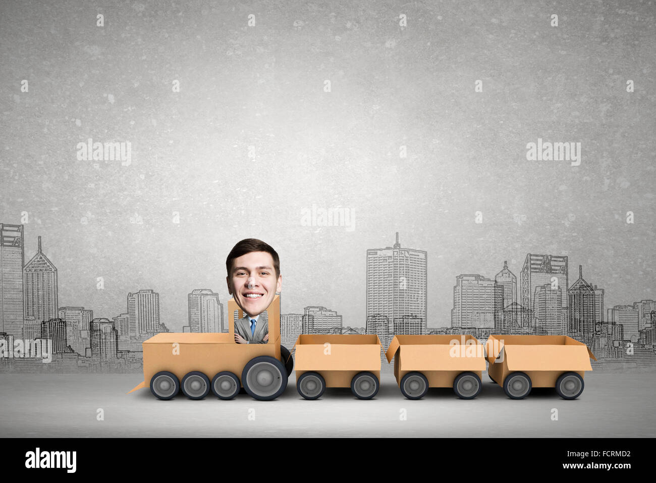 Funny cartoon image of businessman riding carton box Stock Photo - Alamy