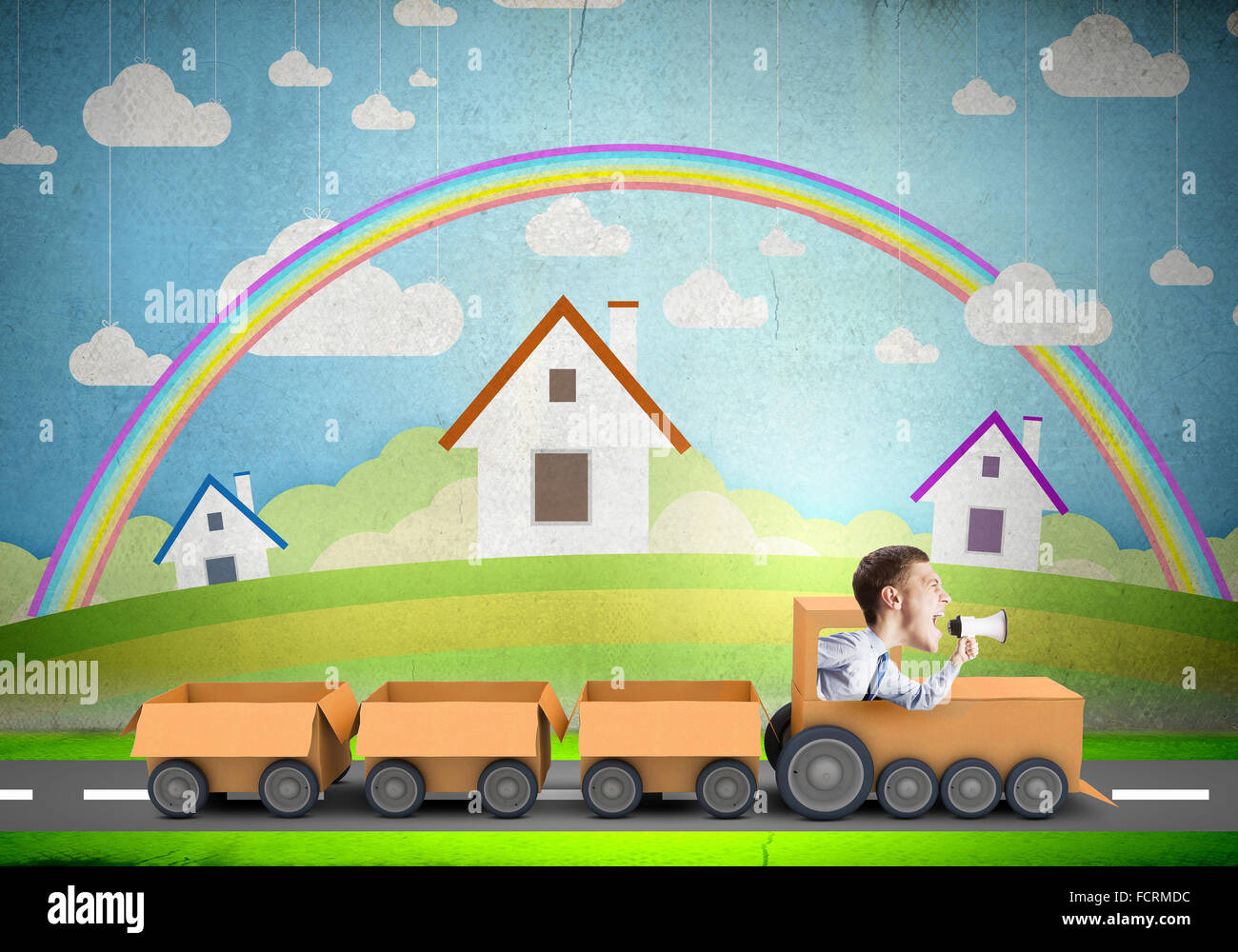 Funny cartoon image of businessman riding carton box Stock Photo - Alamy