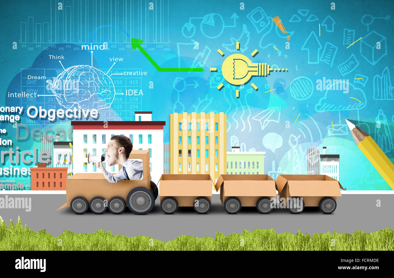 Funny cartoon image of businessman riding carton box Stock Photo - Alamy