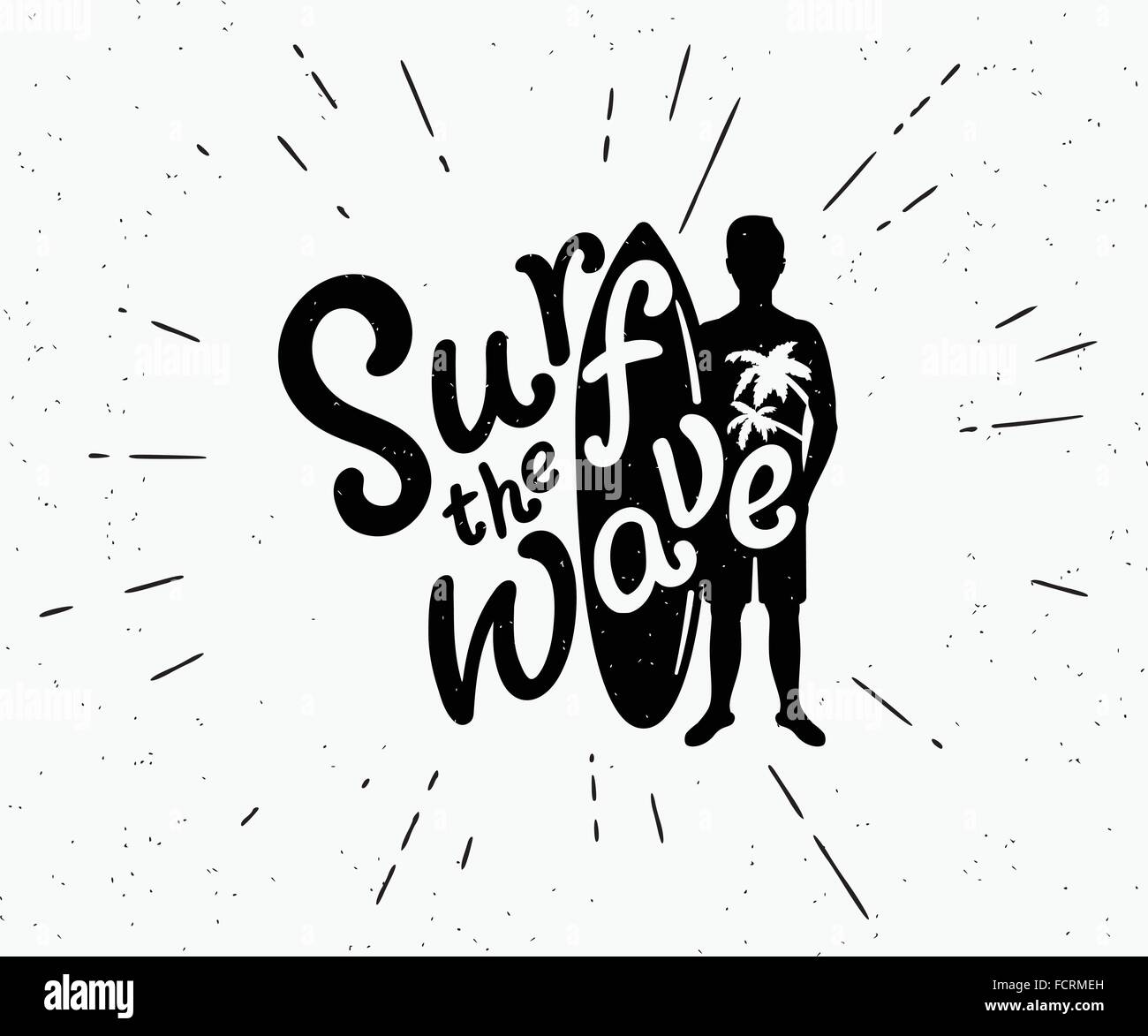 Retro grunge black and white illustration of surfer with surfboard ...