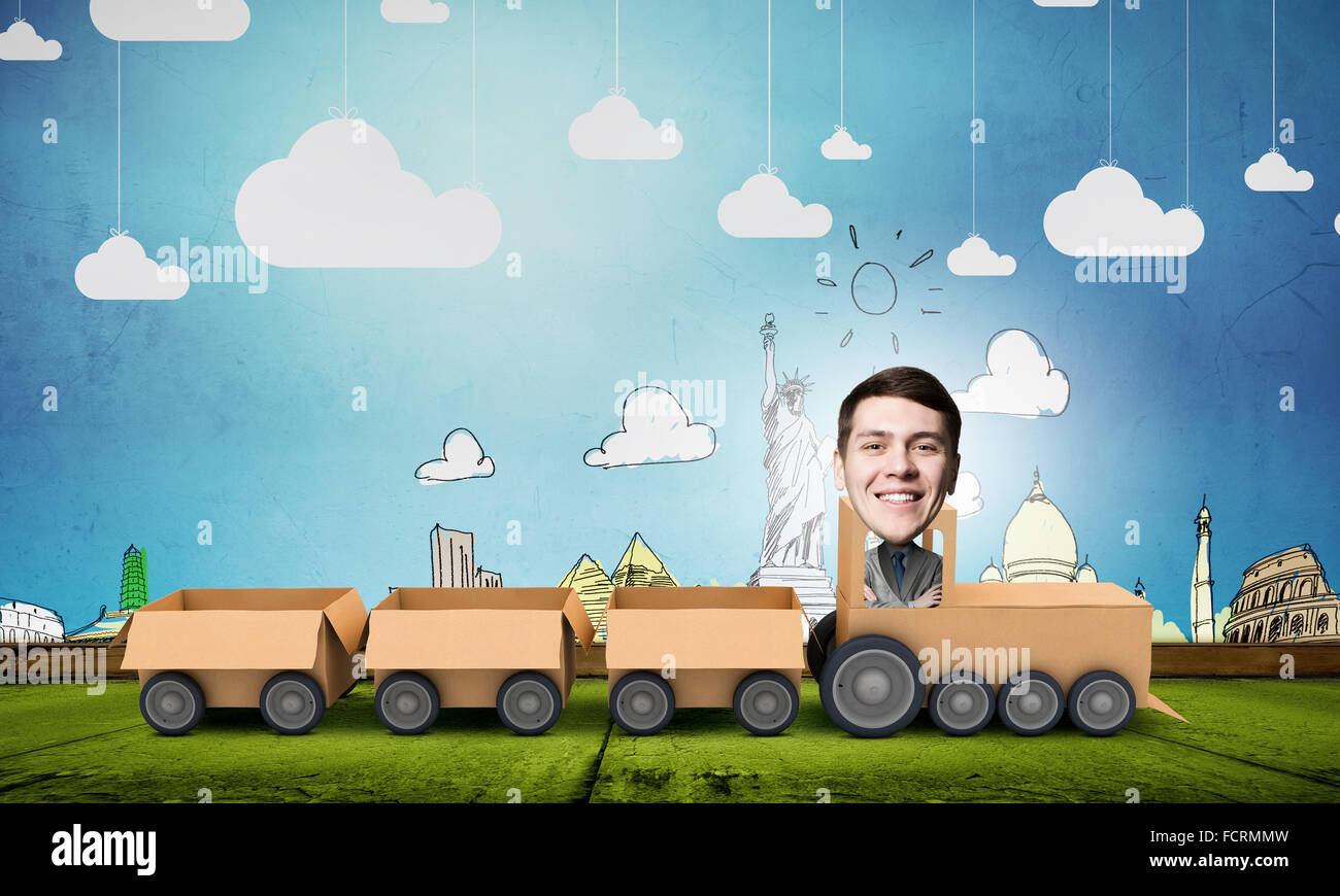 Funny cartoon image of businessman riding carton box Stock Photo - Alamy