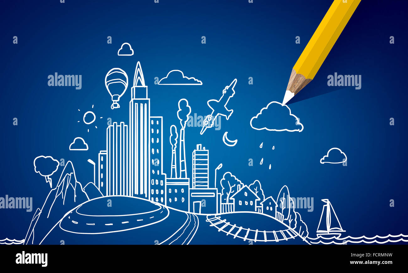 Pencil drawing big modern city with skyscrapers Stock Photo - Alamy