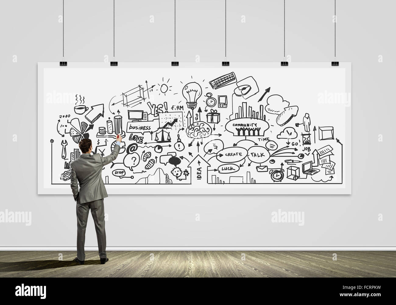 Rear view of businessman drawing business plan on white banner Stock ...