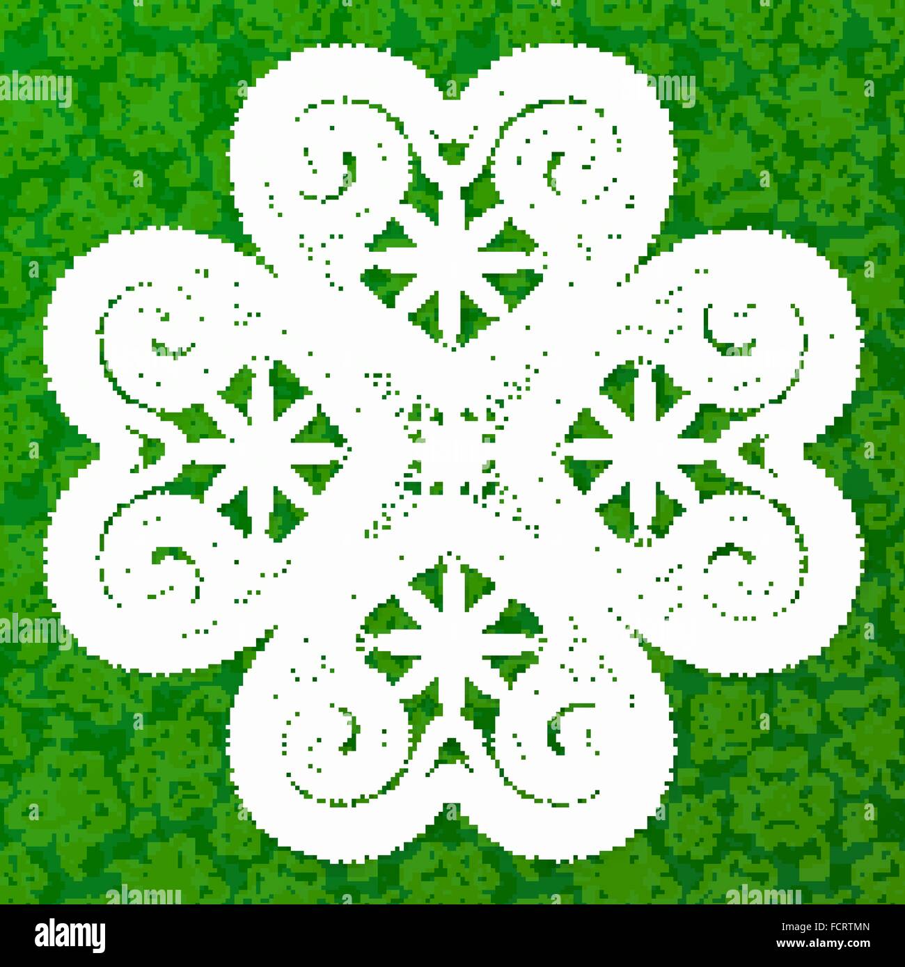 White lacy clover in Russian Vologda lace style on green doodles ...