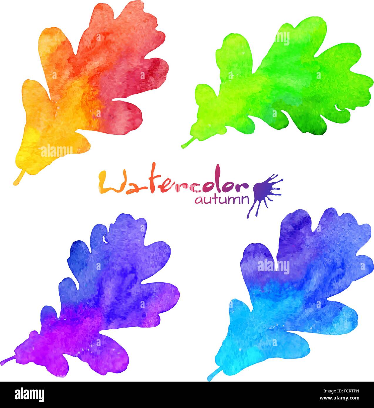Rainbow colors watercolor painted oak leaves set Stock Vector Image ...