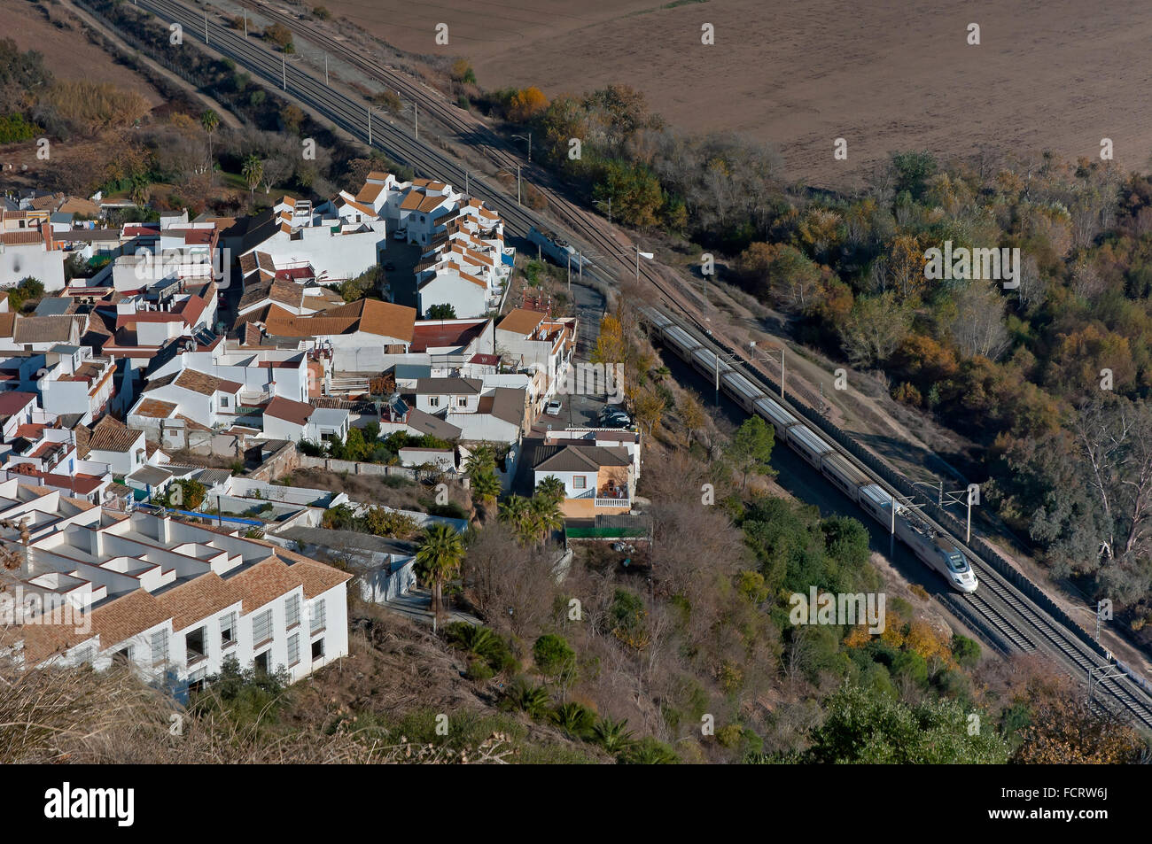 Panoramic view and AVE train, Almodovar del Rio, Cordoba province ...