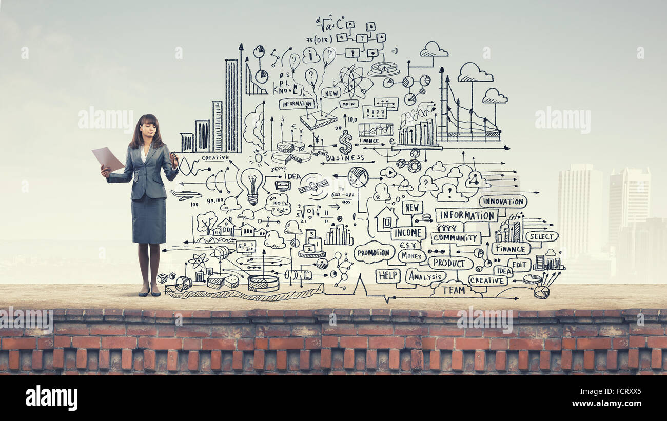 Full body of businesswoman drawing sketches of business strategy Stock ...