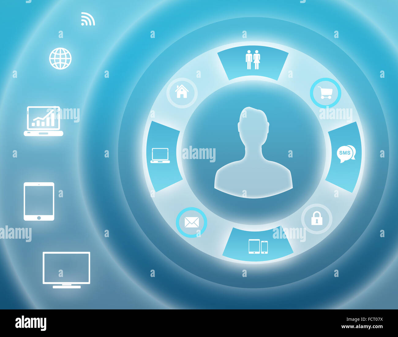 silhouette of a man surrounded by circles with icons Stock Photo - Alamy