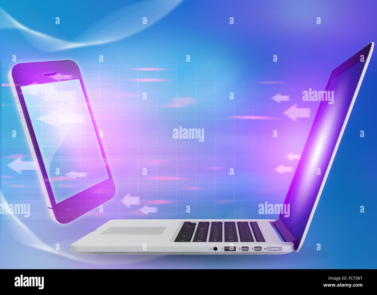 Arrows flying out of phone screen in a laptop Stock Photo - Alamy