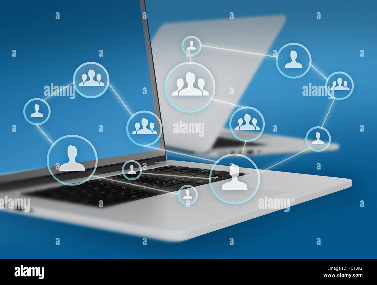 Group of people icons connected to network and laptops in the ...