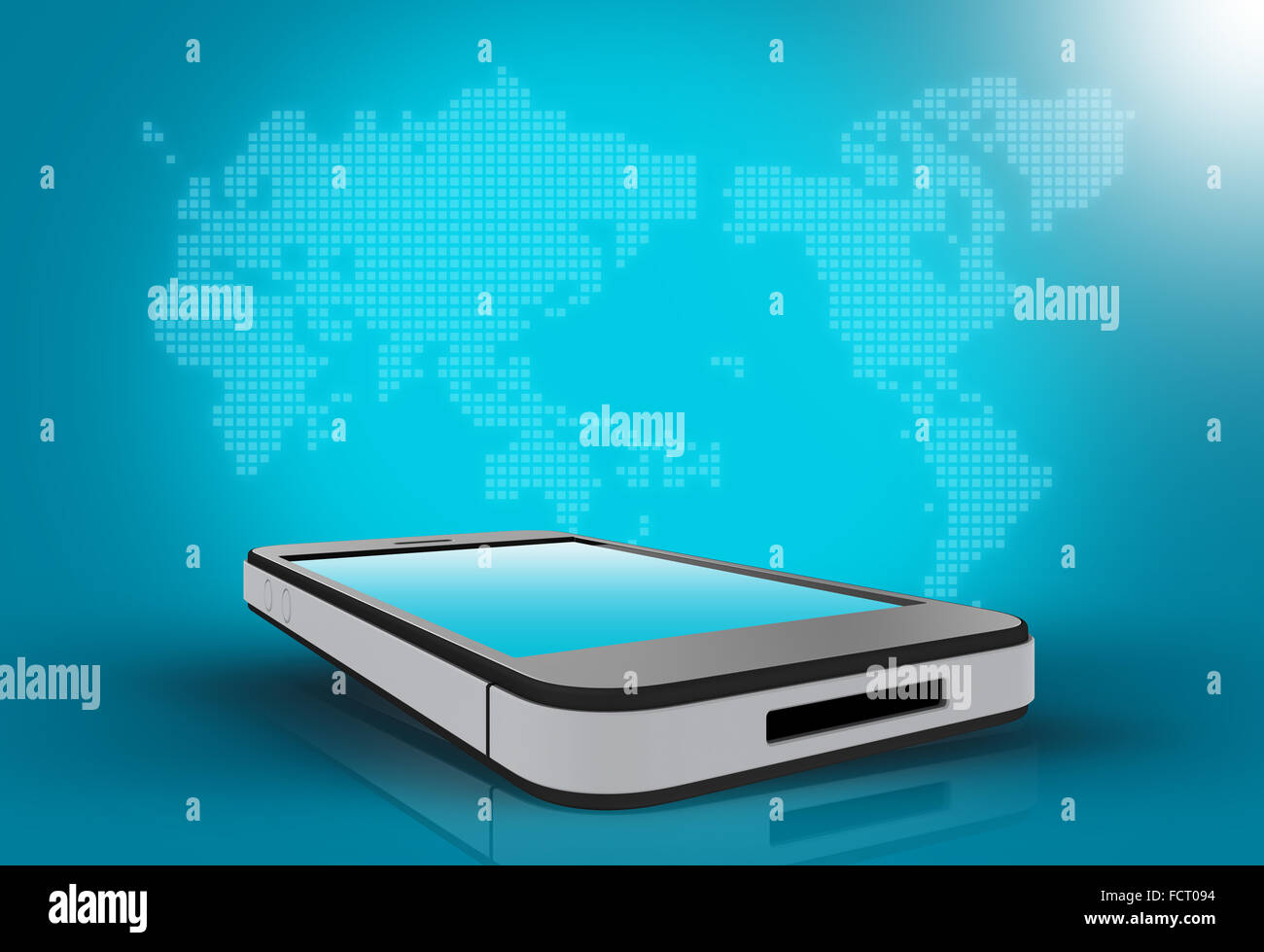 phone and a world map on blue background Stock Photo - Alamy