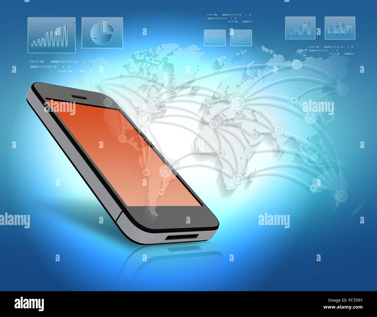 mobile phone with orange screen and world map Stock Photo - Alamy