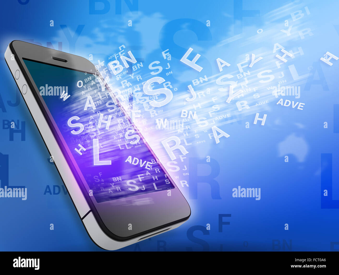 mobile phone and flying letters from the screen Stock Photo - Alamy