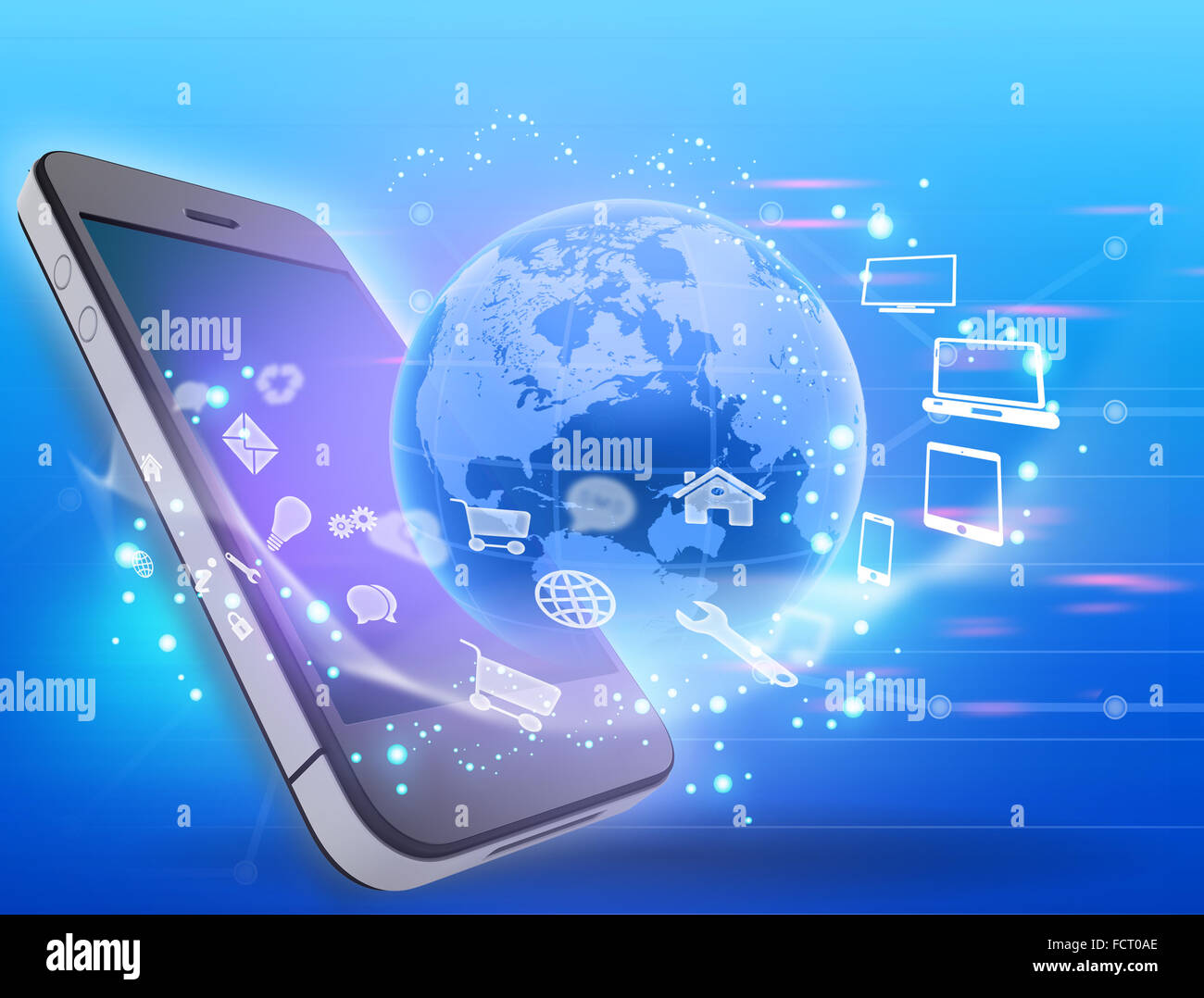 mobile phone and a globe with rotating icons around it Stock Photo - Alamy