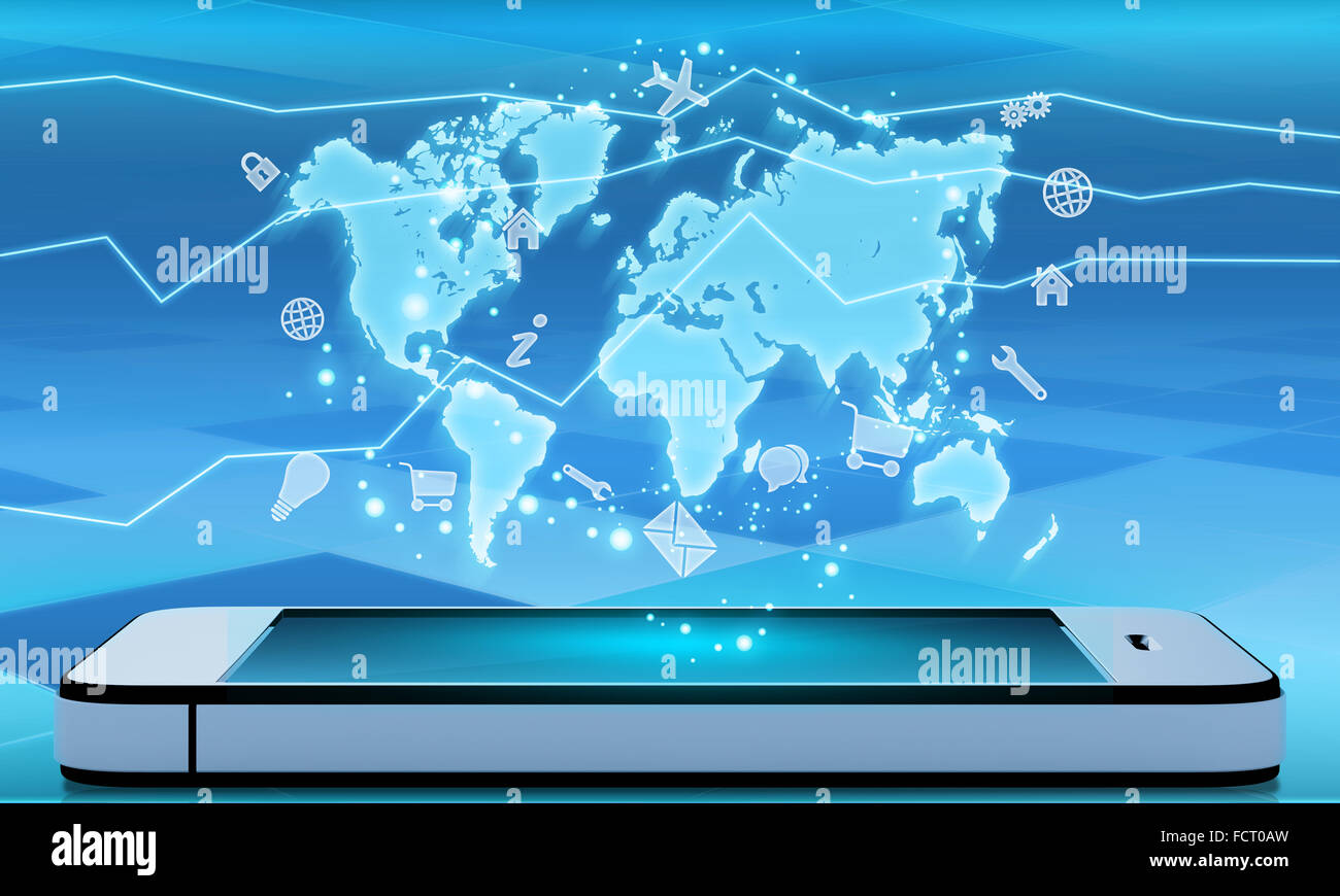 mobile phone and a world map with icons Stock Photo - Alamy