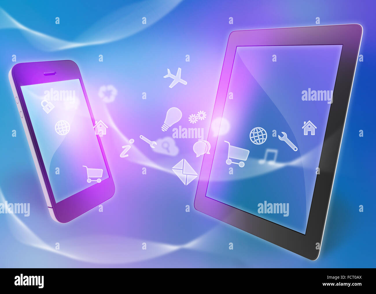flying icons of the mobile phone into a tablet Stock Photo - Alamy