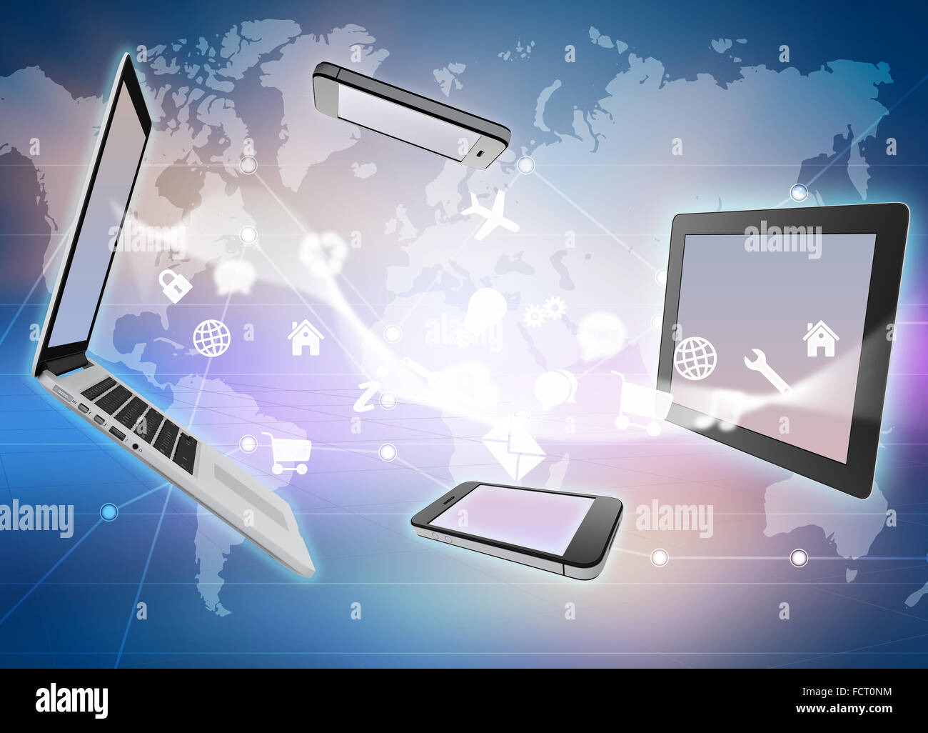 group icons on the background of laptop, tablet, phone and a world map ...