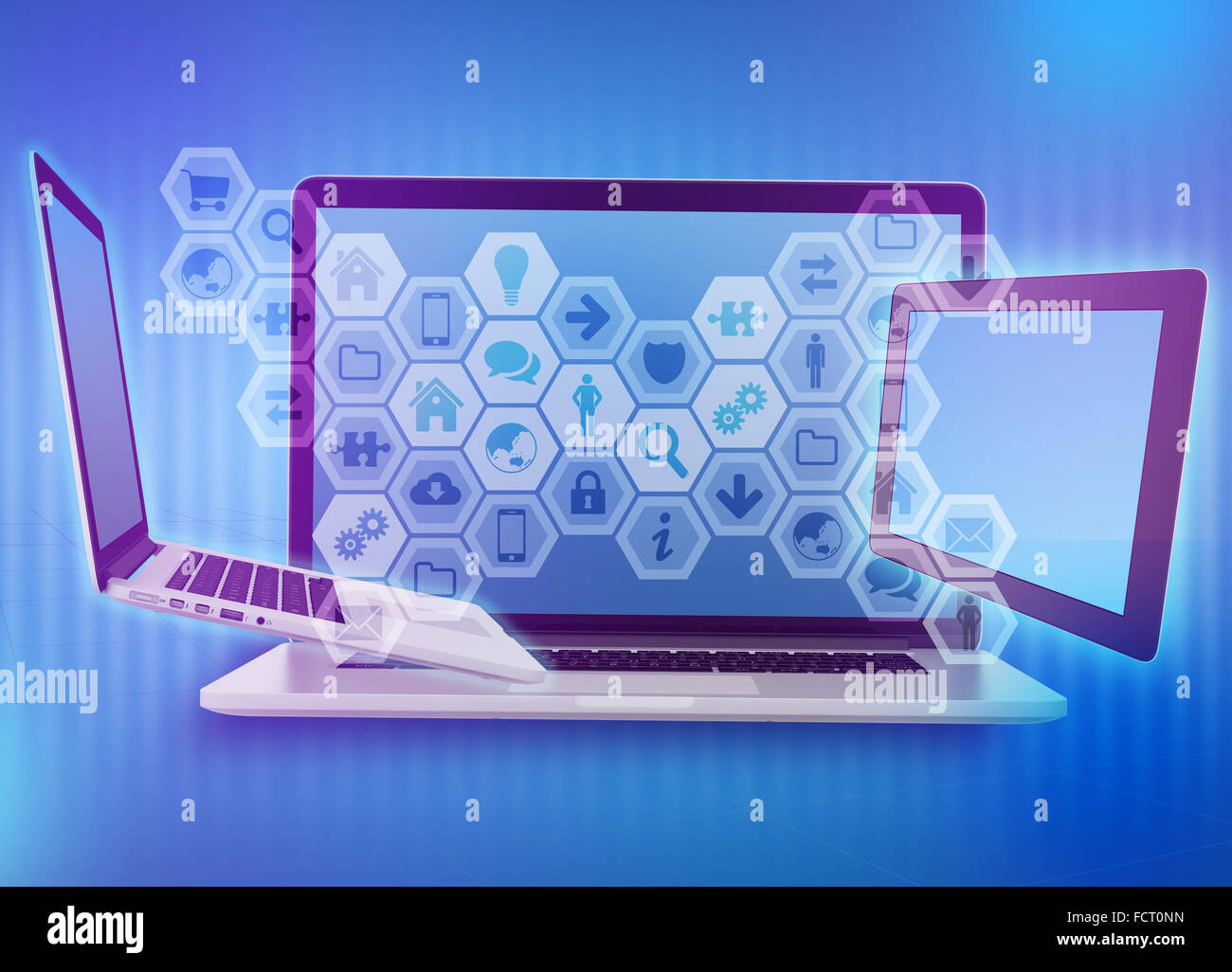 set icons in front of computers and tablet Stock Photo - Alamy