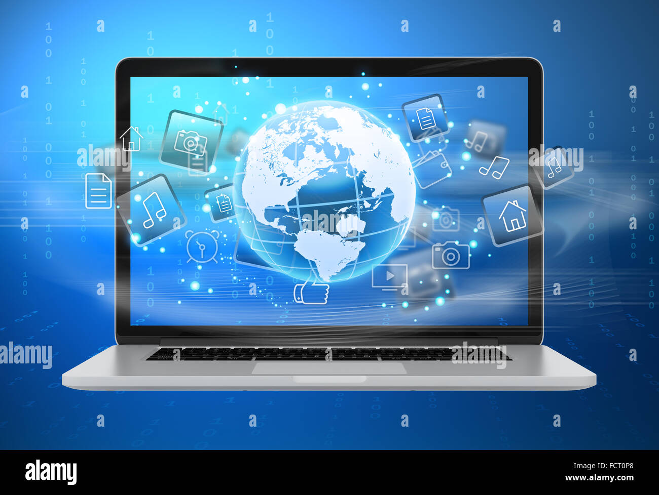 set of icons and globe on a laptop screen Stock Photo - Alamy