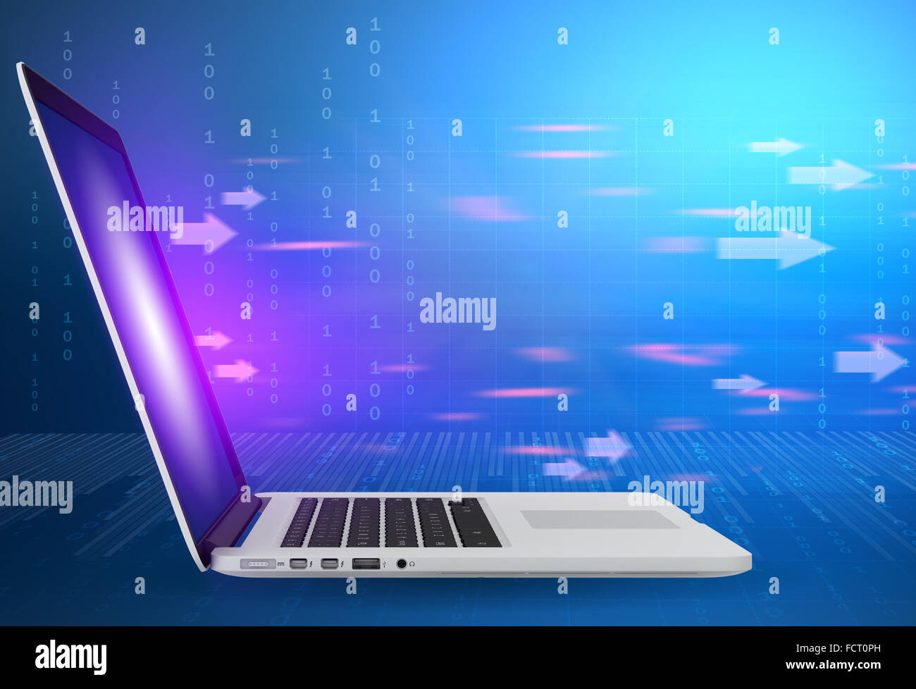 glowing laptop screen and flying arrows particles from the screen Stock ...