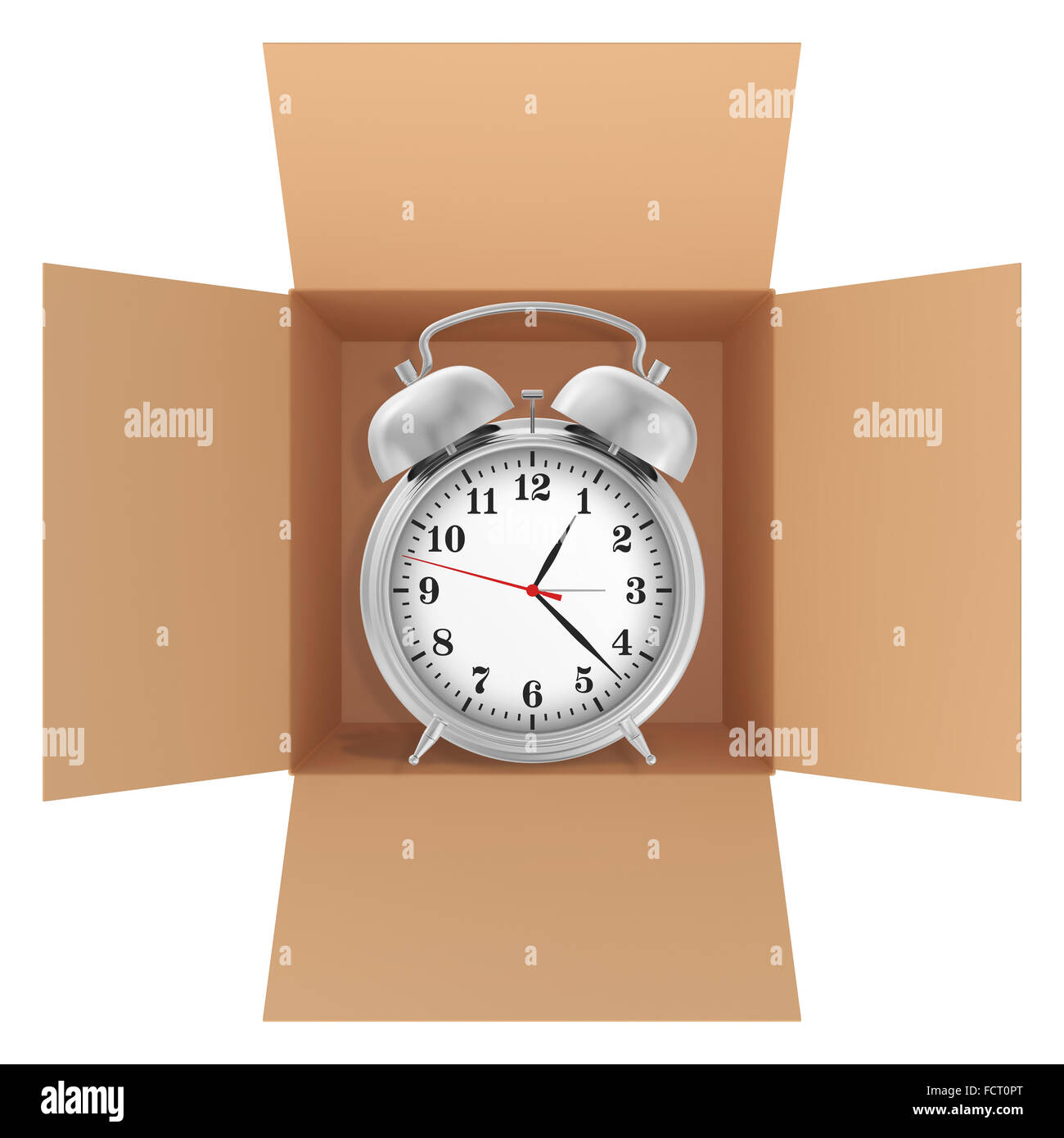 Metal alarm clock inside a cardboard box Stock Photo - Alamy