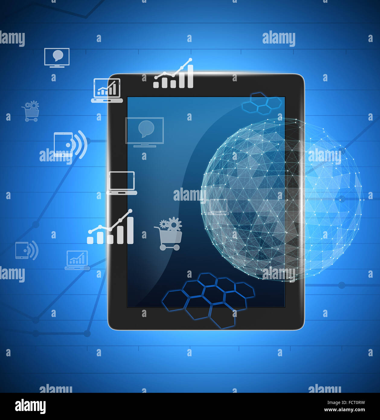 Tablet and abstract map of the global telecommunications network Stock ...