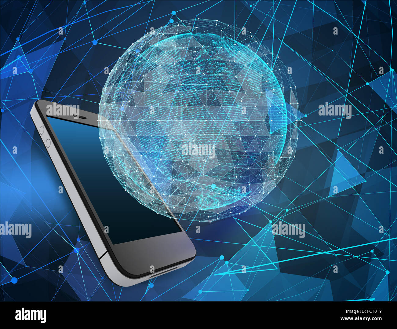 Phone and abstract map of the global telecommunications network Stock ...