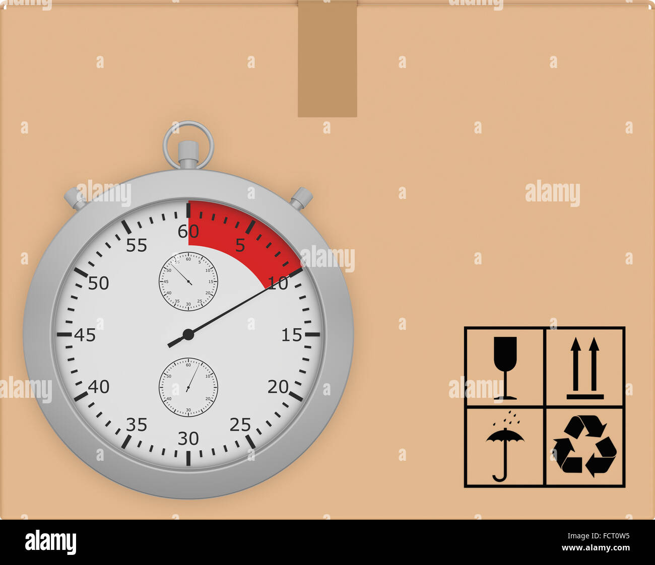Stopwatch on background of cardboard box with icons transportation ...