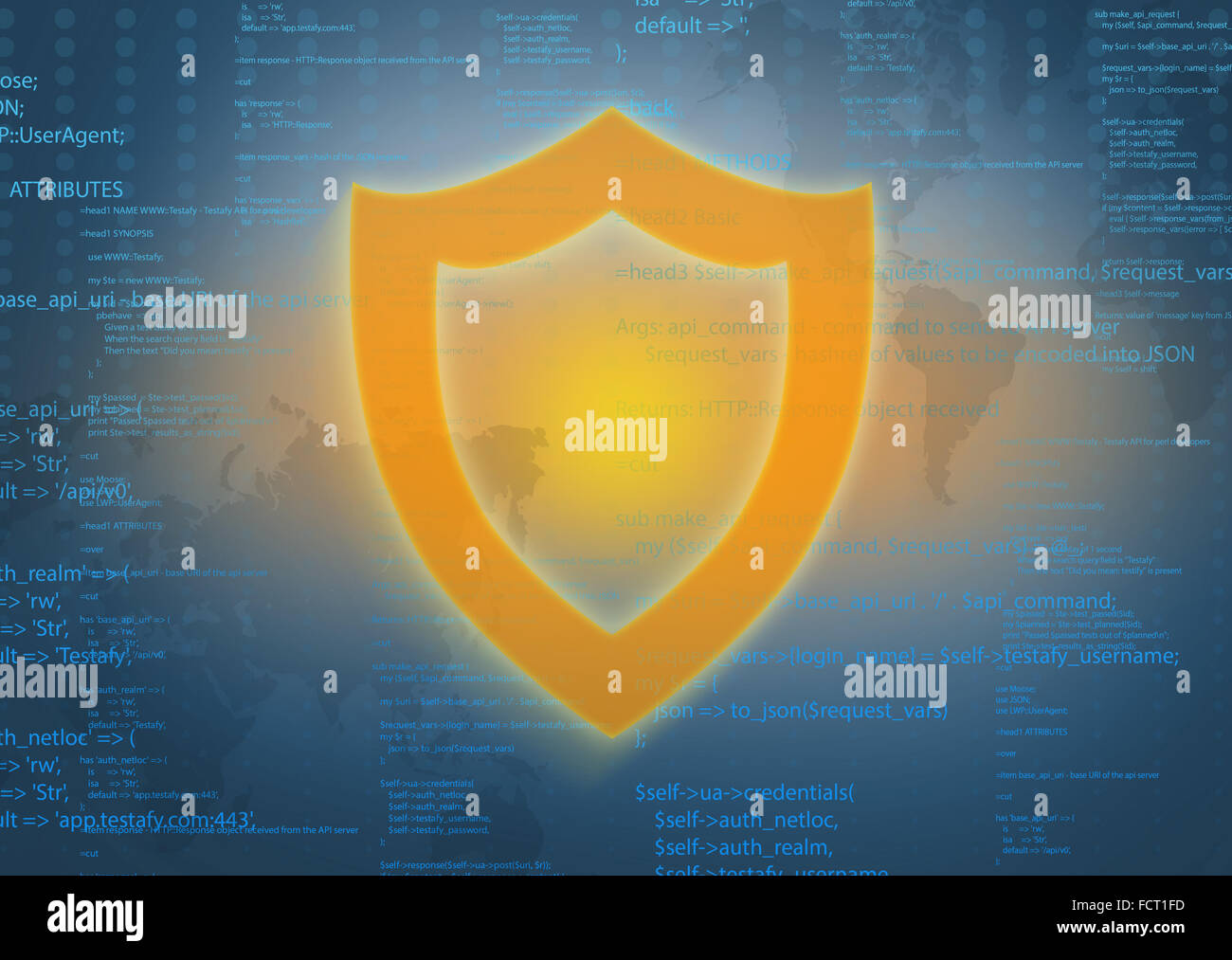 large shield icon on abstract background of computer code Stock Photo ...