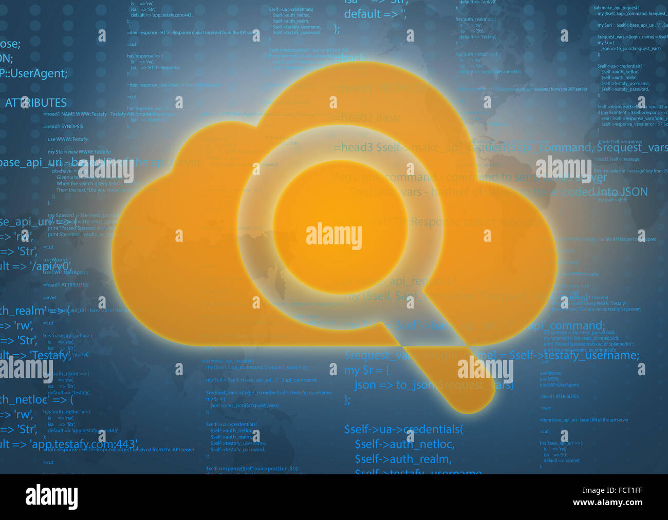 large cloud icon with a magnifying glass on an abstract background of ...