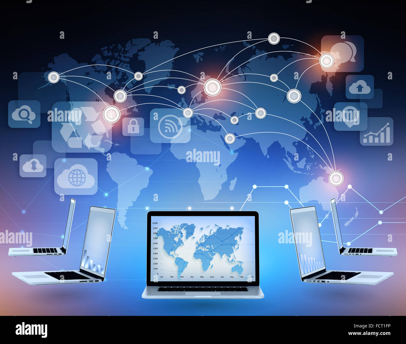 Laptops and world map with connection points in the network Stock Photo ...