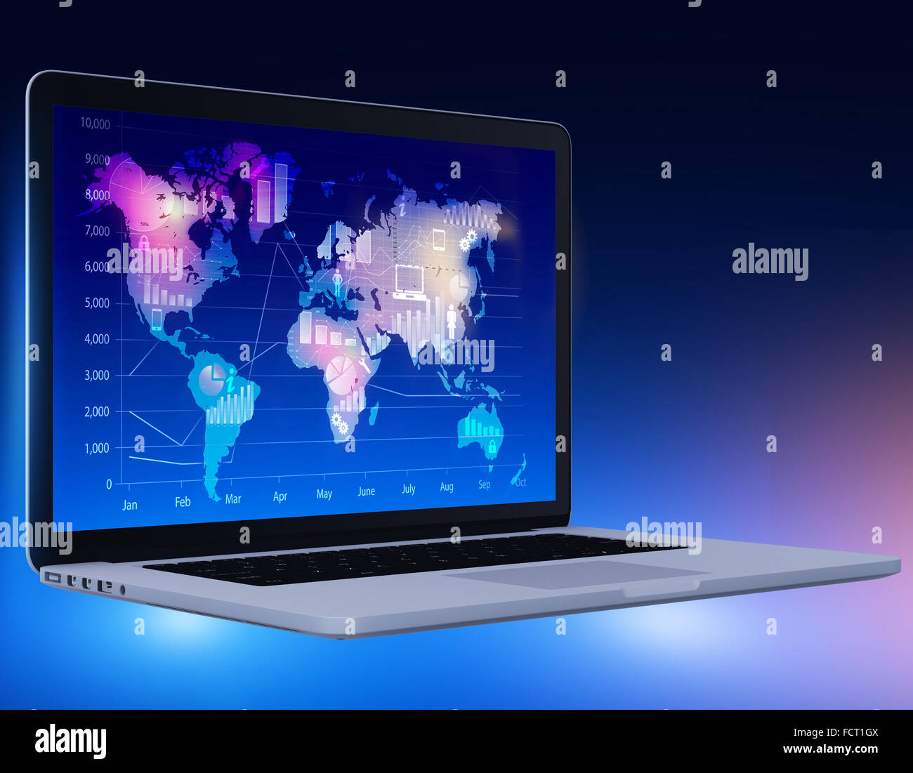 laptop inside screen monitor world map and chart icons Stock Photo - Alamy