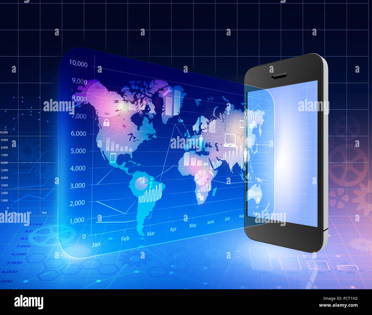 Phone with outside screen the world map and icons Stock Photo - Alamy