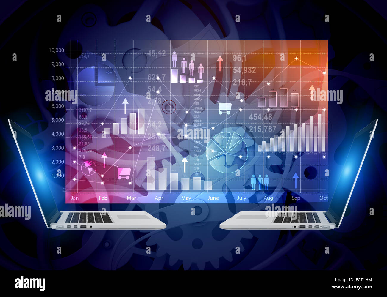 abstract background screen with icons inside and laptop computers Stock ...