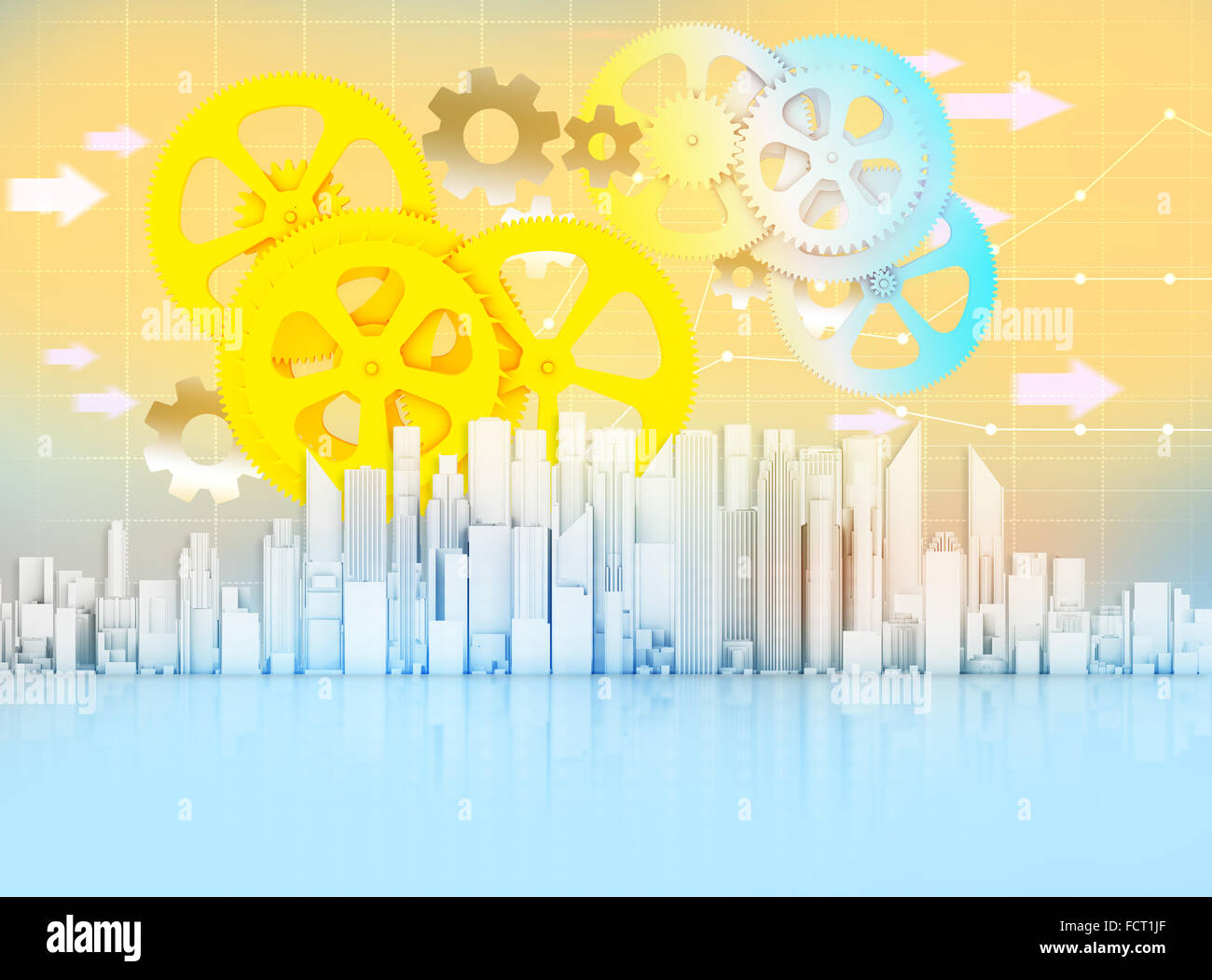 Colorful gears and cog wheel above city skyscrapers Stock Photo - Alamy