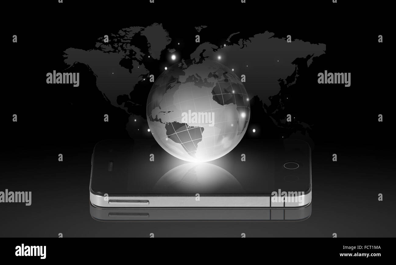 Modern communication technology concept with mobile phone on high tech ...